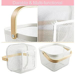 AJIODA 2 Pack Metal Mesh Steel Basket, Storage Organizer Basket Multi-function Hanging Kitchen Baskets Fruit Basket Bin with Wood Handle for Kitchen Bathroom Picnic Cabinet Home Decor, White