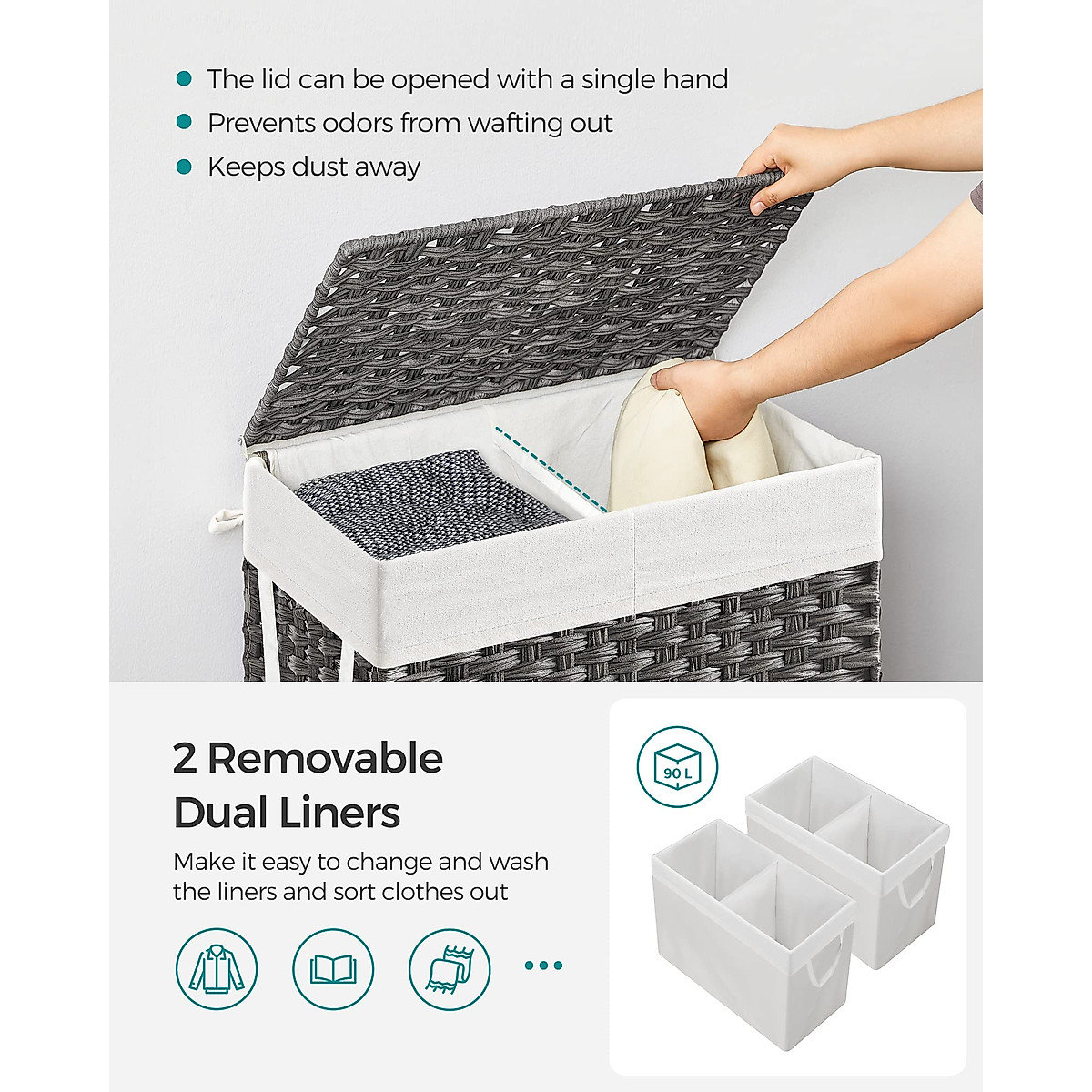 SONGMICS Laundry Hamper with Lid, 90L Clothes Hamper with 2 Removable Liner Bags, 6 Mesh Bags, Wicker Laundry Basket, Double Laundry Hamper for Bathroom, 13 x 18.1 x 23.6 Inches, Gray ULCB251G01V1