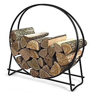 Happytools Firewood Rack, 40 Inch Heavy Duty Tubular Steel Round Log Hoop for Indoor and Outdoor, Black Wood Storage Holder for Fireplace, Fire Pit, Patio, Deck, Porch
