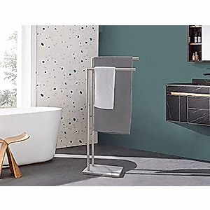 EADOT 41 Inch Standing Towel Rack Double L Shape Bath Towel Sheet Holder with Marble Base for Bathroom Floor Next to Tub or Shower Towel Stand for Bathroom Floor Stainless Steel Brushed Nickel