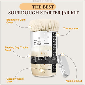 zunmial Sourdough Starter Jar, Sourdough Starter Kit with Date Marked Feeding Band, Thermometer, Cloth Cover & Metal Lid, Reusable Sourdough Bread Baking Supplies, Home Baking Supplies