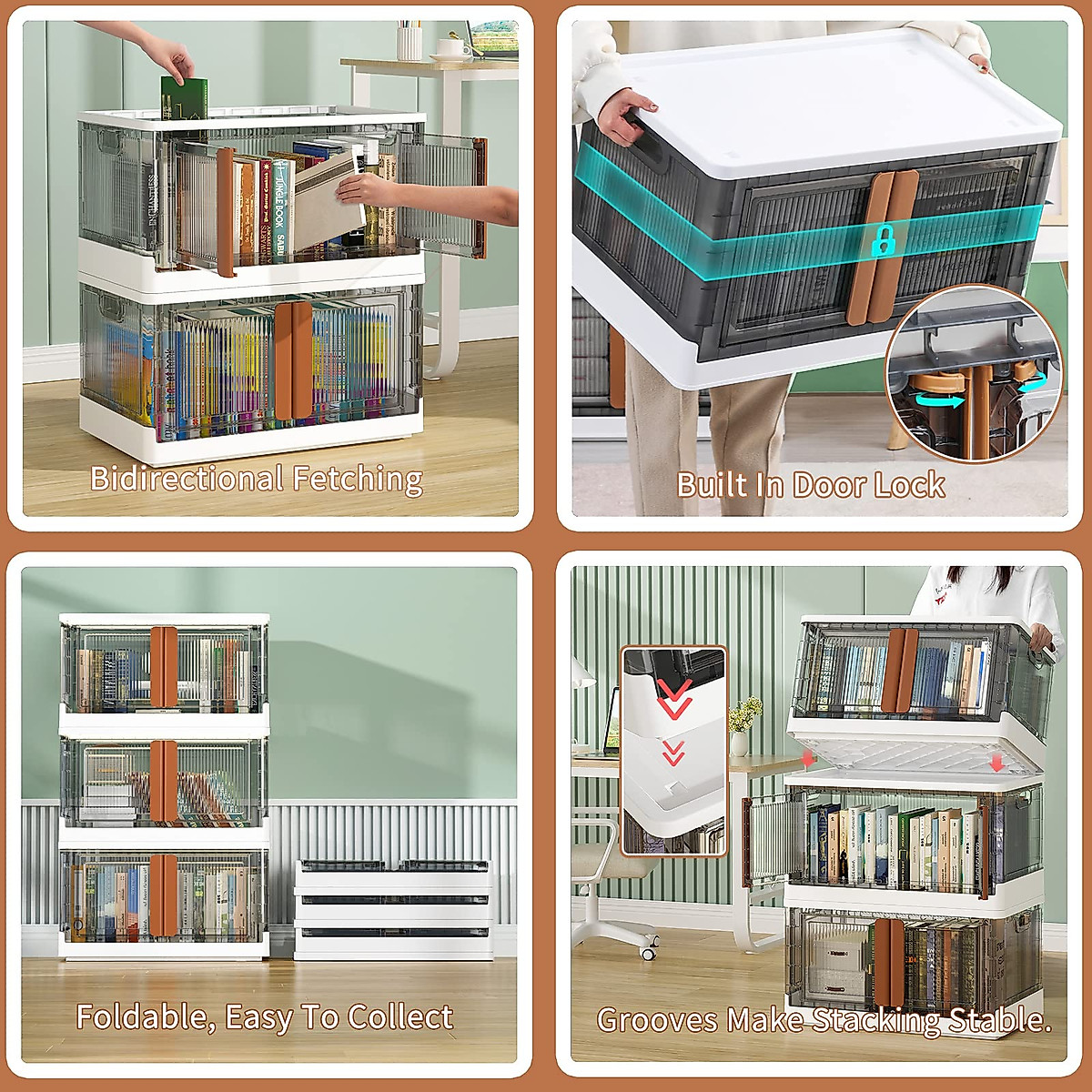 HAIXIN Plastic Storage Containers, Stackable Closet Organizers and Storage, Folding Bookshelf for Bedroom, 8.4 Gal Collapsible Laundry Organizer, 4 Pack