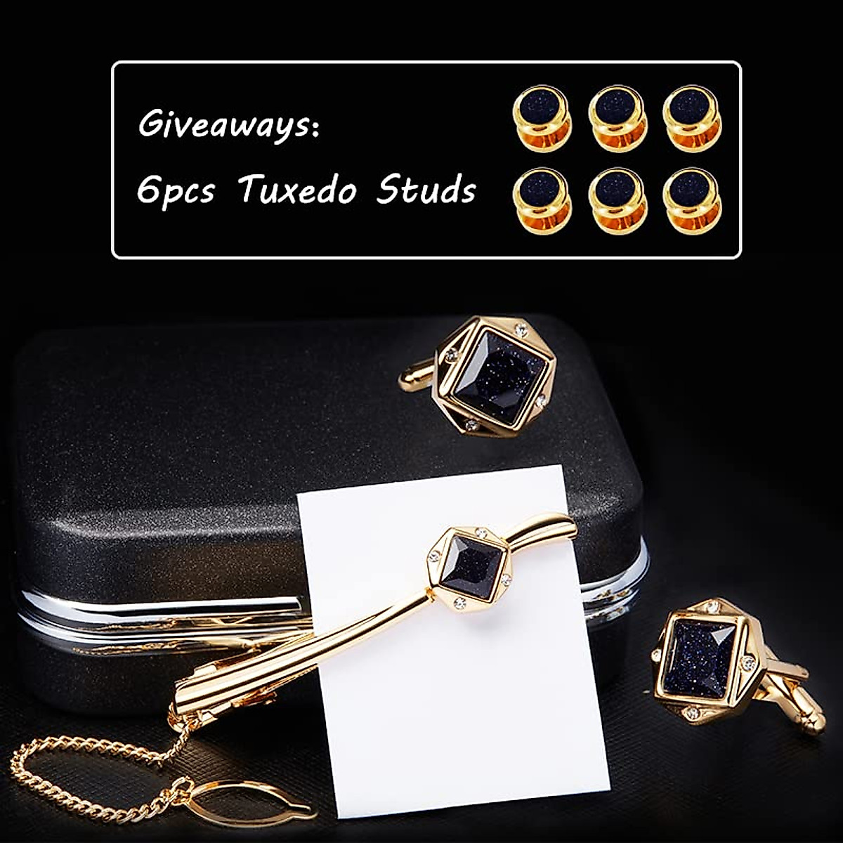 CLEECOO Men’s Tie Clip and Cufflinks Set with Gift Box (6pcs Tuxedo Studs Giveaways) for Wedding Anniversary Birthday or Business