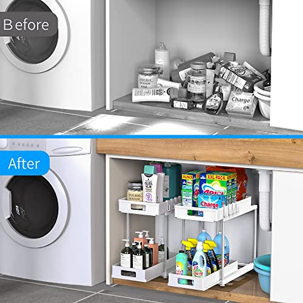 Under Sink Organizers and Storage, 2 Pack Pull-out Large Capacity Under Bathroom and Kitchen Cabinet Storage Drawer Organizer with Hooks, Multi-purpose Heavy Load Under Sink Shelf Organizer, White