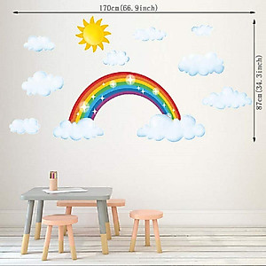 Large Sparkling Rainbow Wall Decal 21.6 x43.7inch, Rainbow Cloud Sun Wall Sticker, Peel and Stick Removable Rainbow with Sun Clouds Wall Stickers Wall Mural for Kids Nursery Bedroom