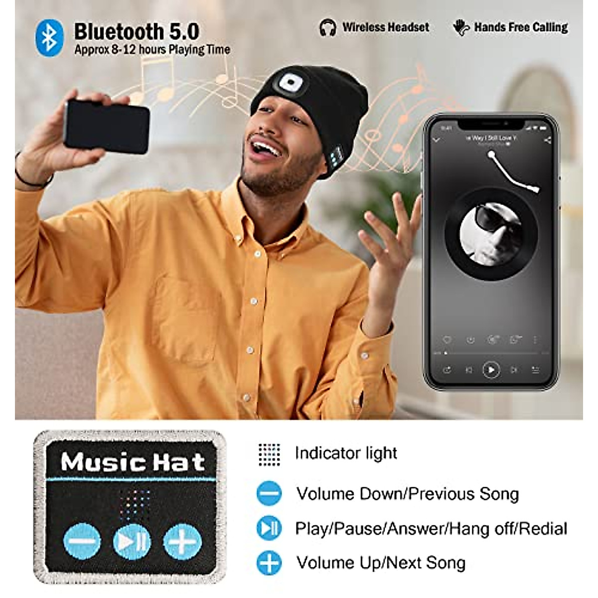 Bluetooth Beanie Hat with Light, Unique Tech Gifts for Men Husband Him Teen, Wireless Headphones for Fishing Jogging Working, Christmas Stocking Stuffers Blue