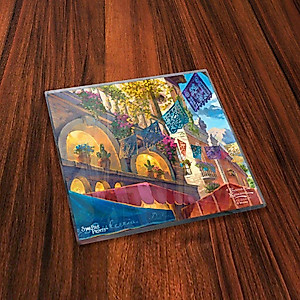 Disney – Mickey and Minnie Mouse in Mexico – Thomas Kinkade Studios – Set of Four 4” x 4” Glass Coasters - Comes with Stylish Modern Wooden Coaster – for Gifting and Collecting