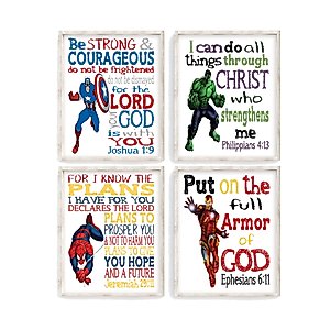 Superhero Christian Nursery Set of 4 Unframed Prints - Captain America, Hulk, Ironman and Spiderman with Bible Verses