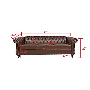 LEVNARY Chesterfield Sofa, Classic Tufted Upholstered Leather Couch, Modern 3 Seater Couch Furniture with Tufted Back for Living Room Office (Dark Brown)