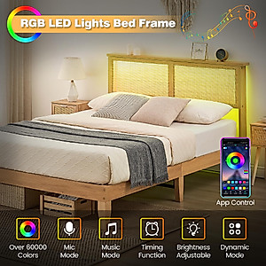 IDEALHOUSE Queen Bed Frame with Natural Rattan Headboard, Platform Bed Frame Queen Size with Storage Headboard, Mattress Foundation, Noise-Free, No Box Spring Needed