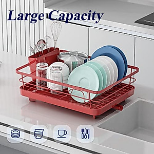 Kitsure Dish Drying Rack, Space-Saving Dish Rack, Dish Racks for Kitchen Counter, Durable Stainless Steel Kitchen Drying Rack with a Cutlery Holder, Red