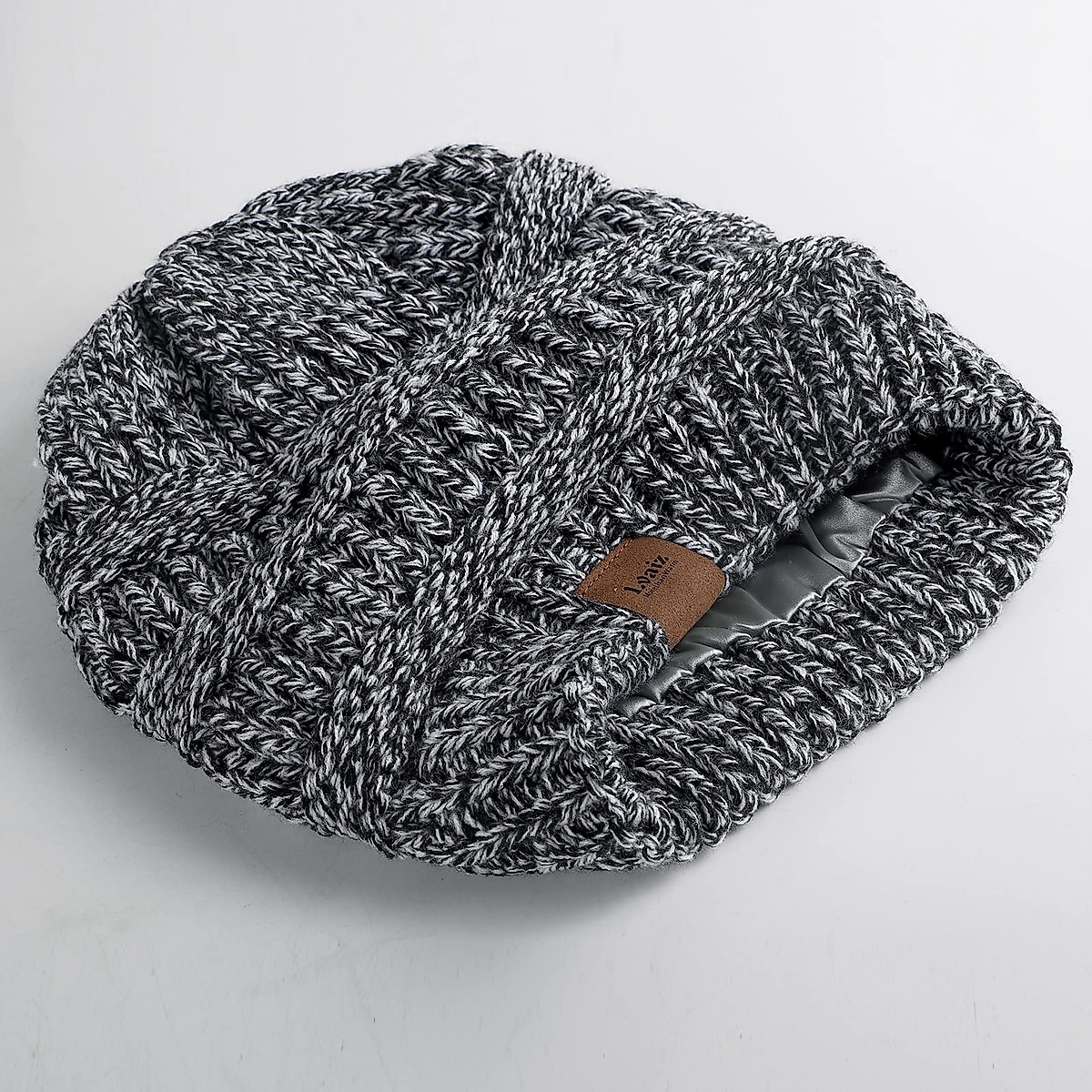 Womens Satin Lined Winter Cable Knit Beanie for Men Silk Lining Thick Chunky Cap Soft Slouchy Warm Hat (Mix Black)