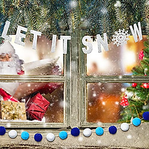 Silver Glitter Let It Snow Banner Winter Snowflake Garland Banner Wool Felt Ball Garland Pom Pom Garland for Christmas Holiday Party Decorations