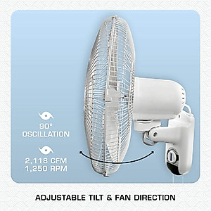 Hurricane Classic 16" Wall Mount Oscillating Fan – Powerful 3-Speed Airflow, Quiet Operation, Adjustable Tilt for Home, Office, and Grow Tents, 2 Pack