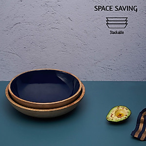 Set of 2 Large Serving Bowls with Salad Servers for Parties or Wooden Bowls for Food, Pasta, Salad, Fruits, 12 inch and 11 inch Wood Bowls, Mango Wood, Blue