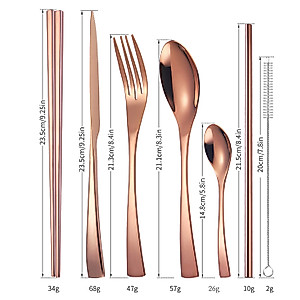 MURRI&MURRDI 7 Pieces Reusable Utensils Set with Case Portable Cutlery Set Stainless Steel Travel Utensils Including Knife Fork Spoon Chopsticks Straws Brush,Dishwasher Safe(7 Rose golden)