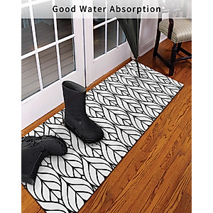 Welcome Mats, Black and White Leaf Tile Pattern Door Mat, Non-Slip Absorbent Large 20x47 Inch Outdoor Indoor Mat Low-Profile Floor Mat Doormat for Entryway/Patio/Garage