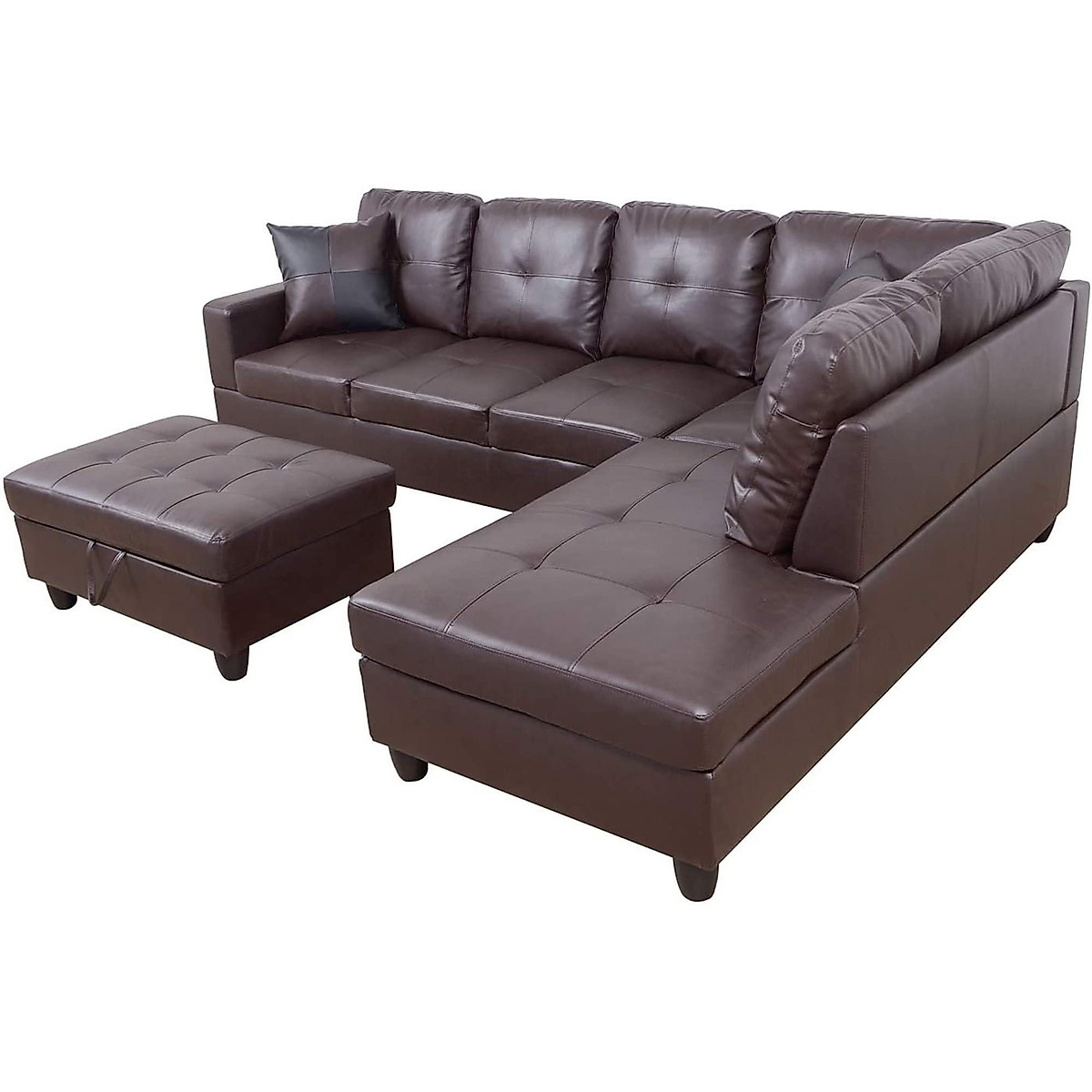 A Ainehome Sectional Sofa Faux Leather Modern L Shaped Couch Set 103.5”Wide Including Chaise and 3 Seating Sofa with Storage Ottoman for Living Room Furniture (Right Hand Facing, B-Brown)