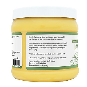 Kevala Avocado Ghee 32 Oz / 2 lb - Avocado Oil and Traditional Premium Ghee High-Heat Blend - Keto - Paleo - Casein Free - Gluten Free - Lactose Free