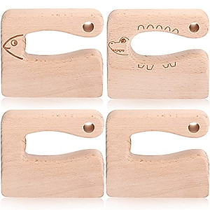 Honoson 4 Pieces Wooden Kids Knife 2 Patterns Safe Cutting Knife Wooden Cooking Chopper Kitchen Tools for Toddlers Cutting Fruit and Vegetable, for 2-8 Years Old