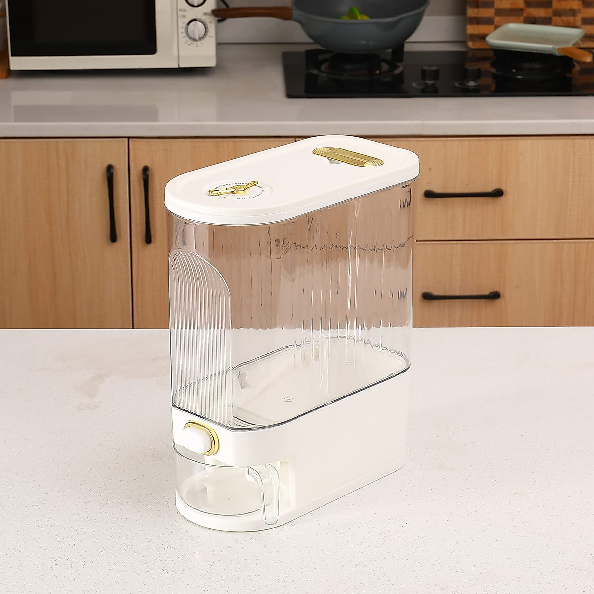Sooyee Clear Rice Dispenser, Large Cereal Dispenser with Lid Time Scale, Measuring Cylinder Moisture Proof Airtight Food Dispenser Bucket for Rice, Corn,Coffee Bean,Grain,Soybean & Oatmeal