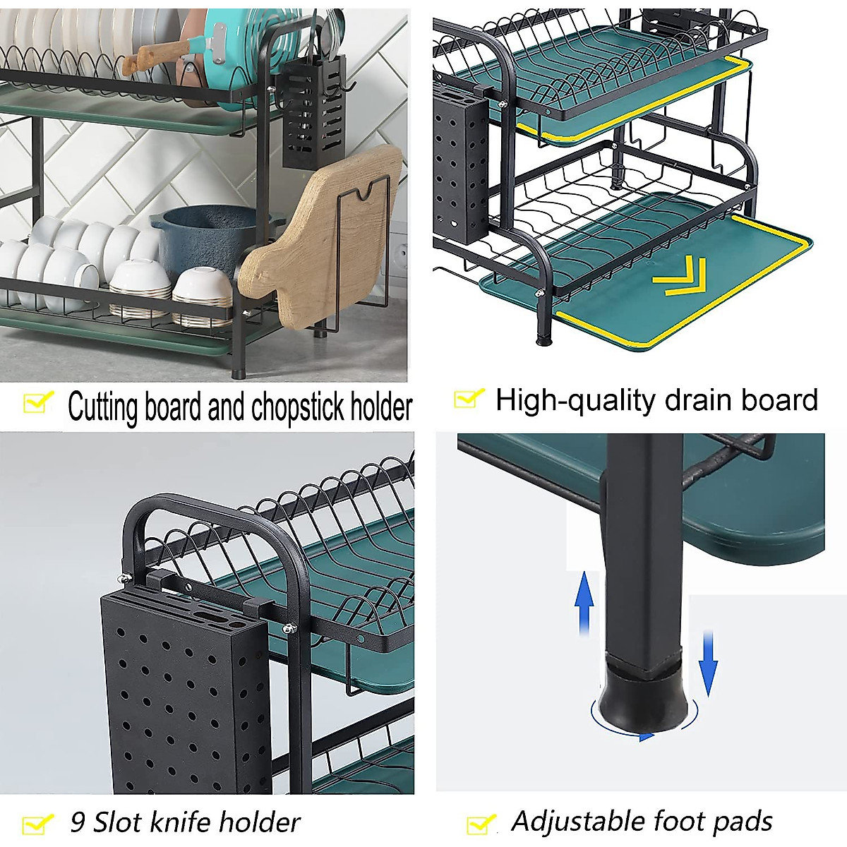 junyuan Dish Drying Rack with Drainboard, 2 Tier Dish Rack with Knife Holder, Utensils Holder,Cutting Board Holder, Dish Drainer for Kitchen Countertop