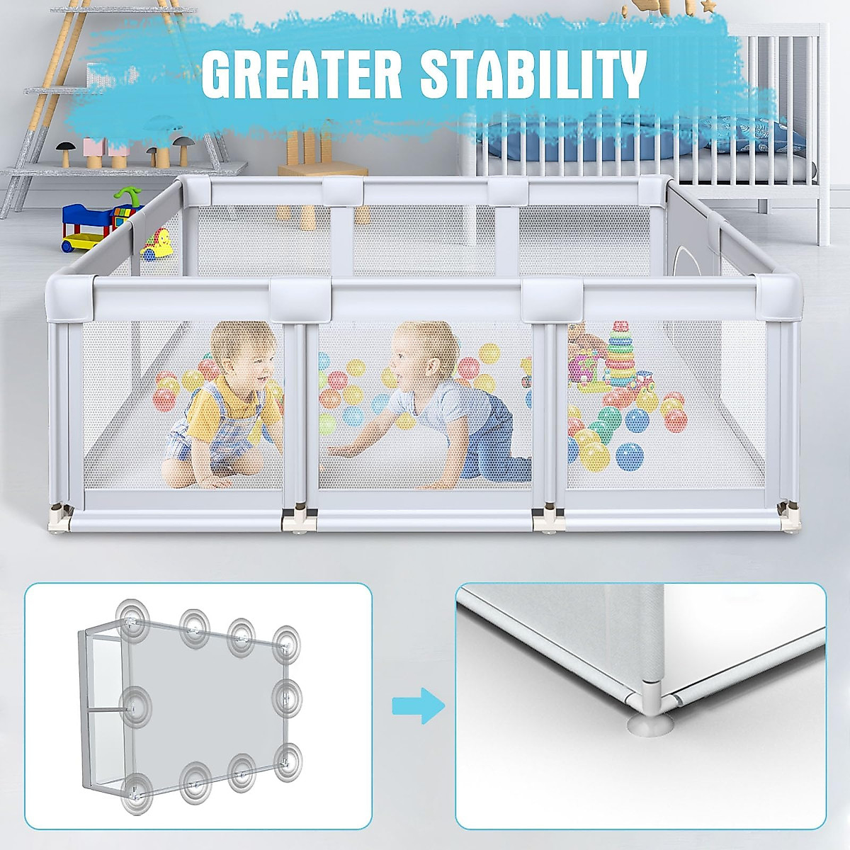 Baby Playpen 74"x50" Play Pens for Babies and Toddlers, Large Play Yards for Indoor & Outdoor with Zipper Gates, Breathable Mesh with Anti-Slip Base