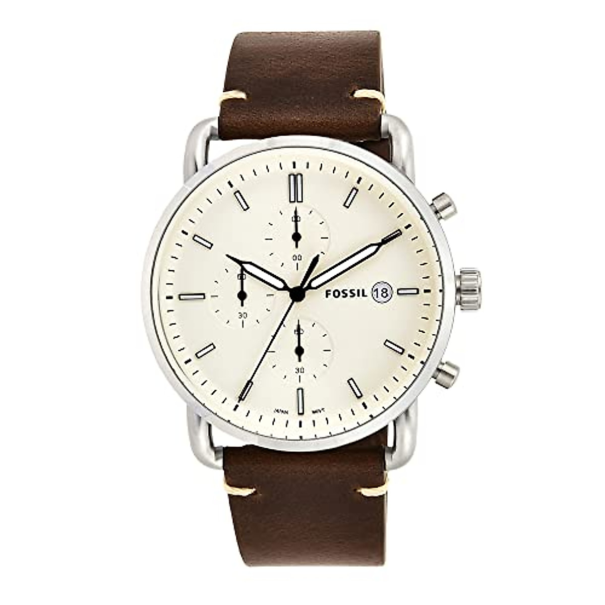 Fossil Men's Commuter Quartz Leather Chronograph Watch, Color: Silver, Brown (Model: FS5402)