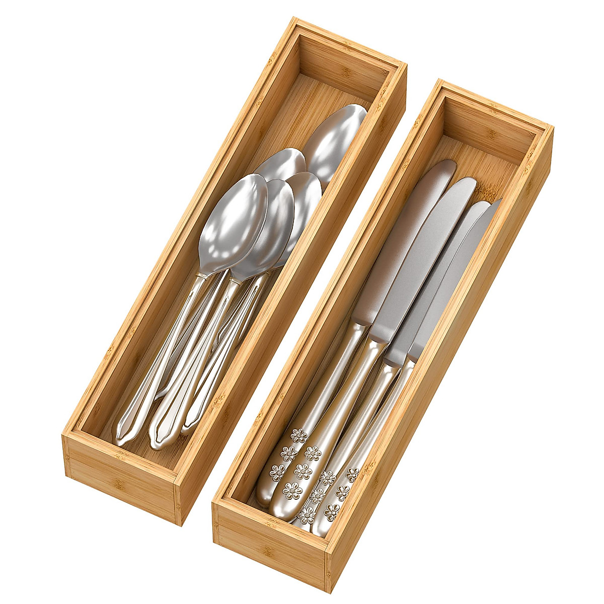 Bamboo Drawer Organizer Storage Box Kitchen - Wood Stackable Tray Set of 2 (12x3x2 inch）