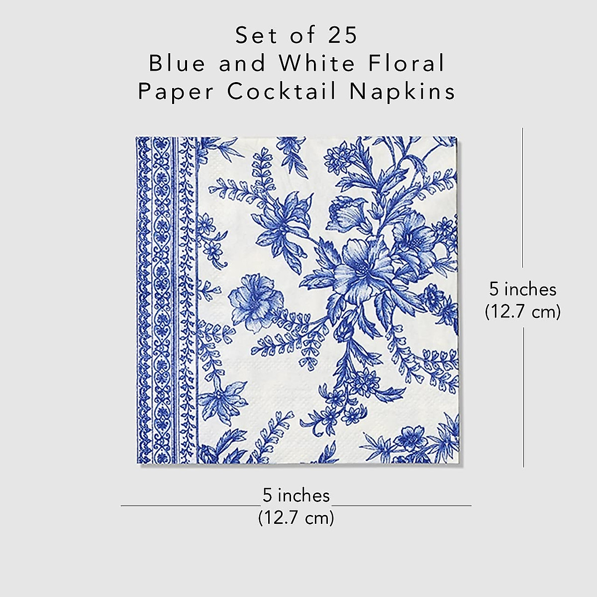 Coterie Blue Floral Paper Cocktail Napkins (Set of 25) | Beautiful Blue and White Toile Fancy Paper Napkins For Bridal and Baby Shower, Tea Party, Garden Party, Birthday Party | 5” Paper Napkins