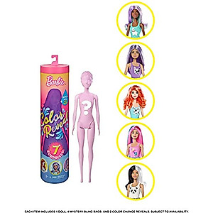 Barbie Color Reveal Doll with 7 Surprises: Water Reveals Doll’s Look & Creates Color Change on Face & Sculpted Hair; 4 Mystery Bags Contain Surprise Wig, Skirt, Shoes & Sponge; Animal-Themed