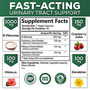 D-Mannose & Cranberry Extract 1350mg Advanced Formula, Fast-Acting Natural Urinary Tract Health Support for Women & Men, Flush Impurities in Urinary Tract & Bladder, Non-GMO, Vegan - 180 Capsules