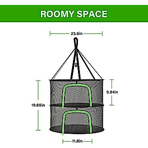 iPower Herb Drying Rack 2-Layer 2-Feet Hanging Mesh Net Dryer Collapsible with U-Shape Zippers, Pothook, Carabiner and Storage Pouch, for Hydroponics Flowers, Buds, Fruits, Seafoods, Clothes