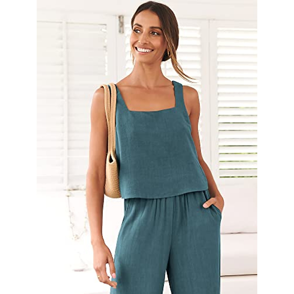 ANRABESS Women's Two Piece Outfits Summer Vacation Cruise Resort Wear 2023 Clothes Casual Linen Tank Crop Top Wide Leg Pants Matching Lounge Set Jumpsuit 732qinglan-L
