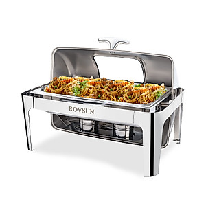 ROVSUN 2 Pack Roll Top Chafing Dish Buffet Set, 9 Quart NSF Rectangular Stainless Steel Chafer for Catering,Buffet Servers and Warmers Set with Glass Window for Wedding, Parties, Banquet, Full Size