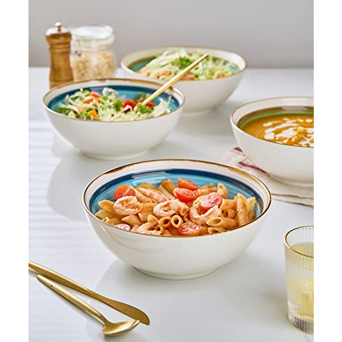 Chralji 63 Ounces Salad Bowls,9"Large Serving Bowls, Pasta Bowls for Kitchen, Ramen,Soup Bowls,Mixing Bowls Hand Paint Sets of 2 Blue