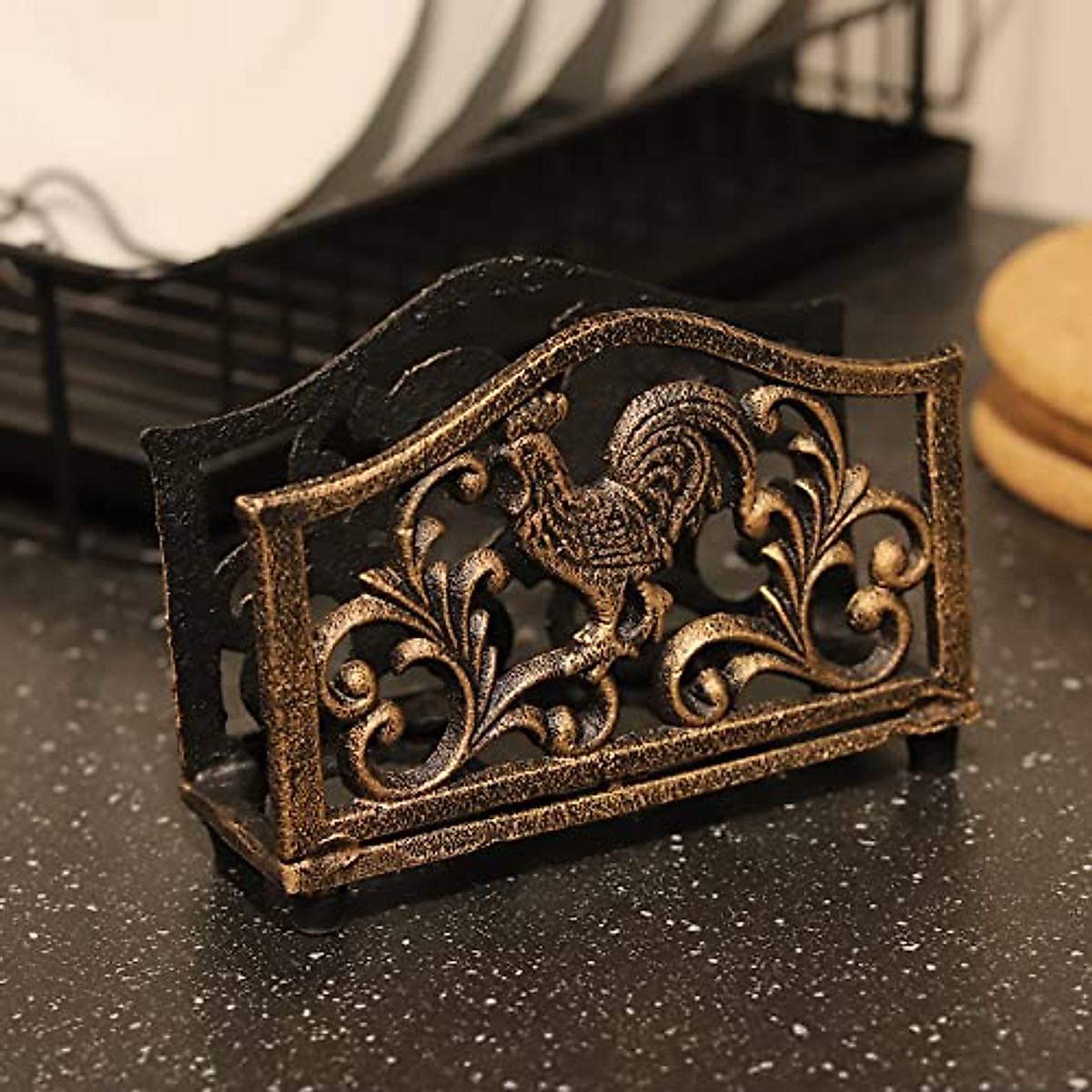 Napkin Holder for Table, Bronze Napkin Holders for Paper Napkins, Cast Iron Rooster Design with Rustic Farmhouse Style for Home and Kitchen by Witsbrez (Bronze Rooster)