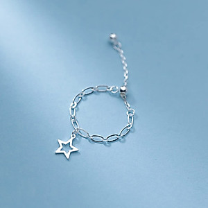 Dangle Star Link Chain Sterling Silver 925 Statement Rings for Women Girls Adjustable with Dangling Ball Minimalist Lucky Star Engagement Promise Ring Eternity Wedding Bands Finger Band