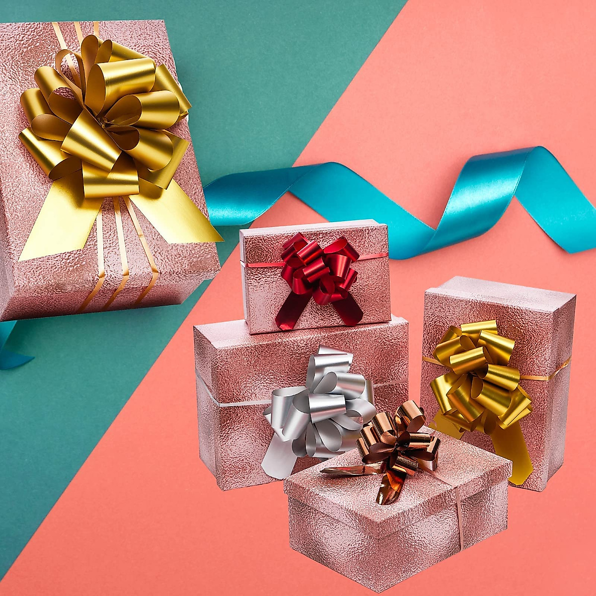 UNIQOOO 48PCS Metallic Rose Gold, Red, Gold, Silver Gift Wrap Pull Bow Set, 6 Inch Large 4'' Medium, Assorted Ribbon for Gift Basket Box Bag Wrapping Décor Valentines Day Wedding Birthday Anniversary