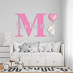Multiple Font Cute Elephant Wall Stickers - Name & Initial - Prime Series - Baby Girl or Boy - Custom Name & Initial - Nursery Wall Decal for Baby Room Decorations - Mural Wall Decal Sticker