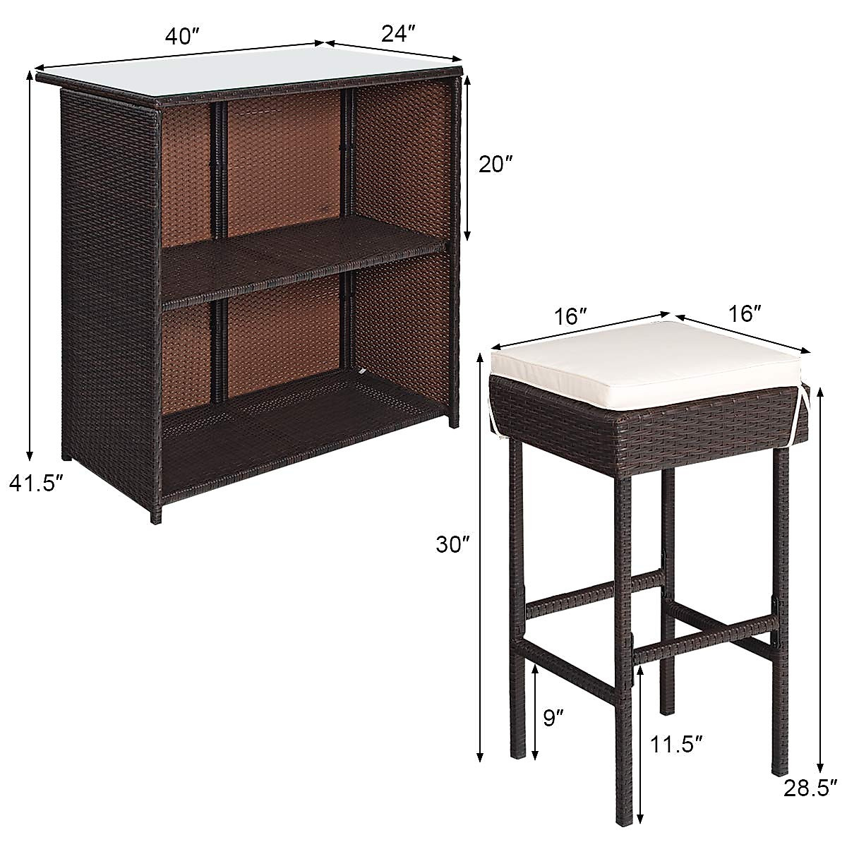 DORTALA 3 Pieces Rattan Patio Bar Table & Stool Set, Patio Furniture Set for Lawn Pool BackyardFront Porch, Dining Set w/Cushion, Beige