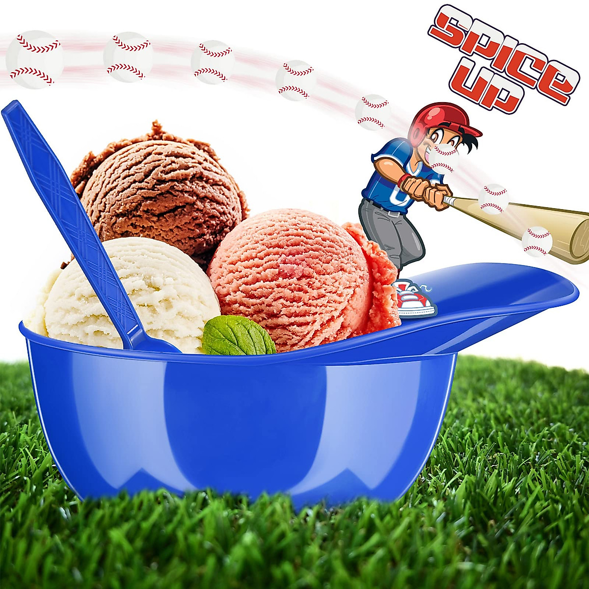 Baseball Helmet Ice Cream Snack Bowl and Disposable Taster Spoons Set Mini Baseball Party Favors Small Dessert Ice Cream Bowls Serving Candy Sundae Cups for Ice Cream Sundae Party Supplies(50 Set)