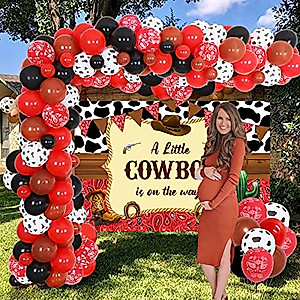 Western Cowboy Baby Shower Decorations for Boy, Red and Black Balloon Garland Arch Kit, A Little Cowboy Is on The Way Backdrop for Wild West Baby Shower Decorations
