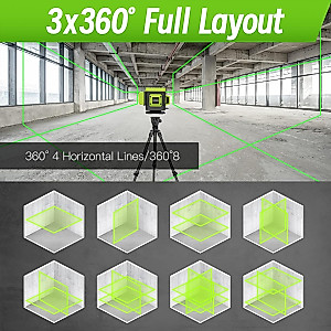 Susbie Laser Level -3x360° Cross Line Laser for Construction and Picture Hanging-12 Green Lasers with Self-leveling-Level Tool with 10000 mAh Rechargeable Battery