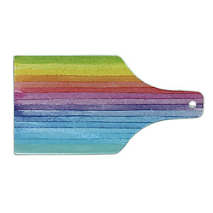 Lunarable Abstract Cutting Board, Rainbow Colored Horizontal Striped Lines Vibrant Hand Drawn Design, Decorative Tempered Glass Cutting and Serving Board, Wine Bottle Shape, Blue Yellow