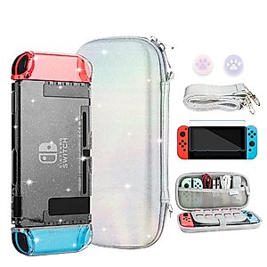 FANPL Glitter Case bundle for Nintendo Switch Accessories, Rainbow Sparkle Carrying Case for Switch and Joy Con Controller with Hard Protective Case and Screen protector, 2 Thumb Grips, Shoulder Strap