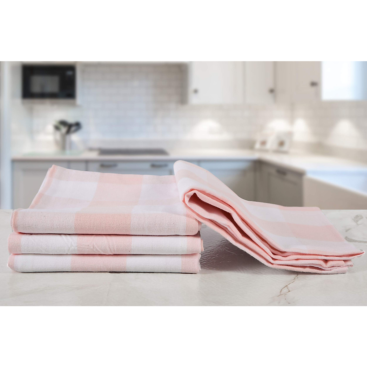 Buffalo Plaid Kitchen Towel Set - 4 Pack 20 x 30 Inch Heavy Duty Dish Towels - Pink and White Oversized Buffalo Check Towels with Hanging Loops - 100% Absorbent CottonFast Drying Dish Cloth Set