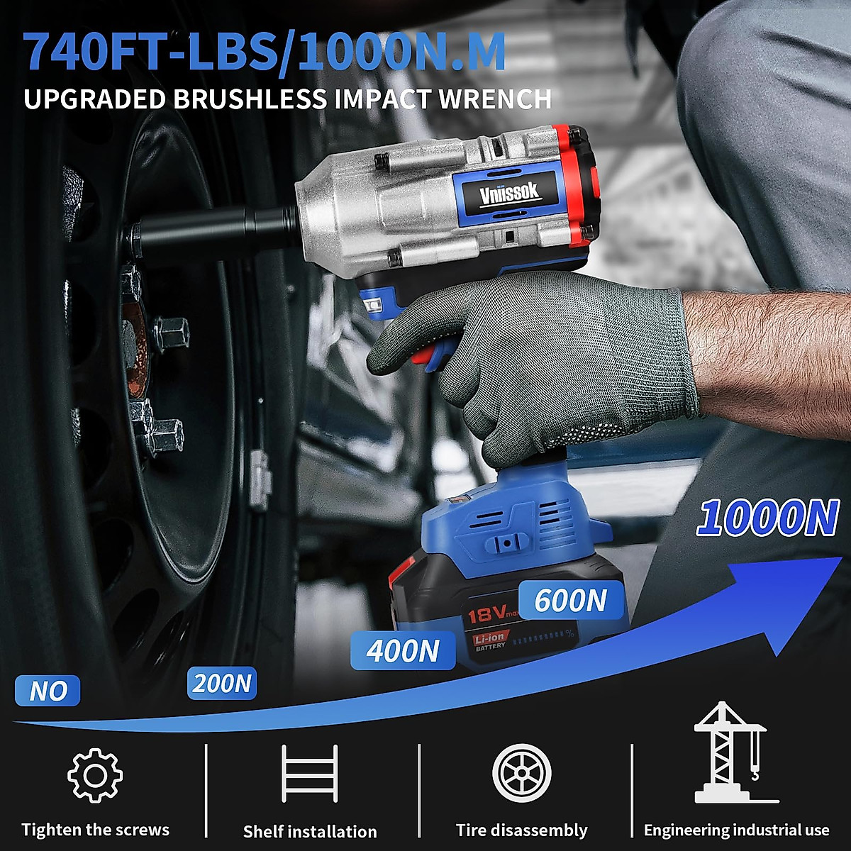 Vniissok Cordless Impact Wrench, 1000N.m(740ft-lbs) High Torque Brushless Impact Gun with 2 x 4.0Ah Batteries, Electric Impact Driver for Car Tires Truck Mower