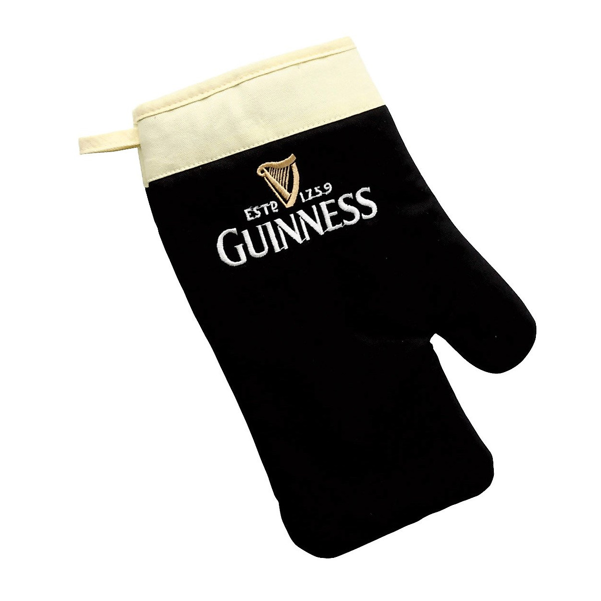 Guinness Label Oven Glove - Cotton Black/Cream Embroidered Kitchen Grill Mitt