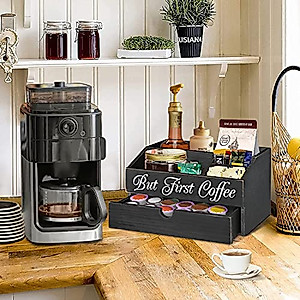 Coffee Station Organizer, Wood K Cup Coffee Pods Holder with Drawer, Countertop Coffee Bar Accessories Tea Bag Organizer, Coffee Bar Condiment Organizer for Coffee Bar Decor, Coffee Lovers Gift